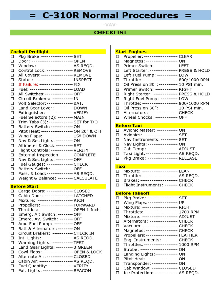 C-310R VAV Normal Procedures Checklist | PDF | Brake | Takeoff