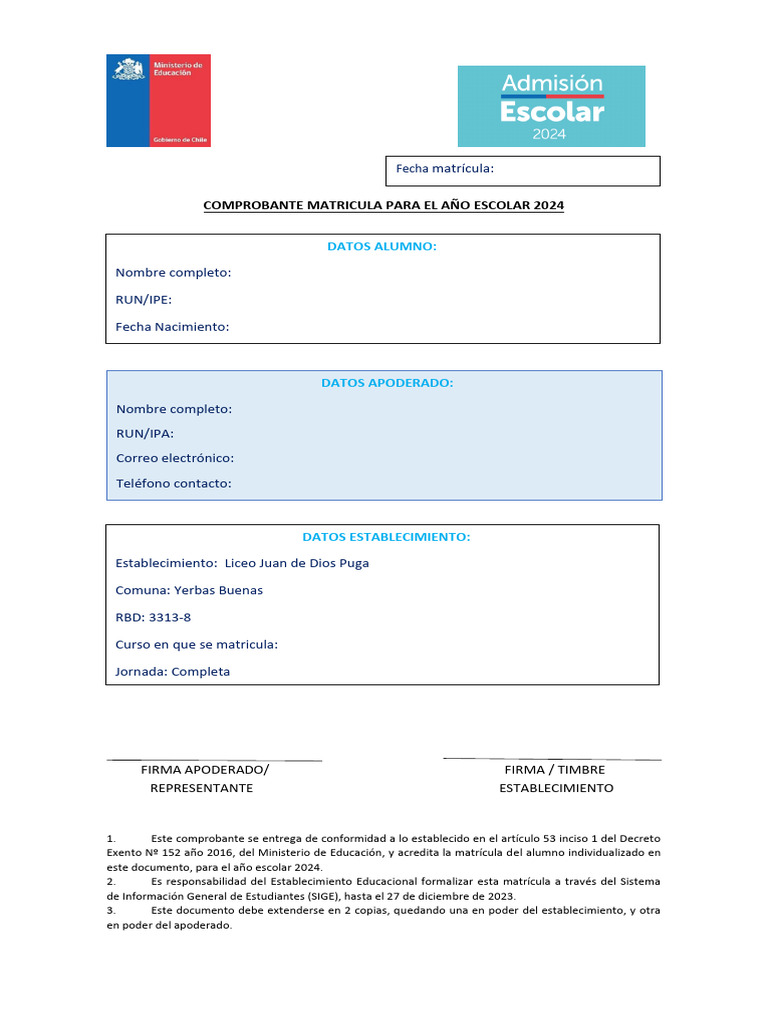 Formato Comprobante de Matrícula Año Escolar 2024 | PDF