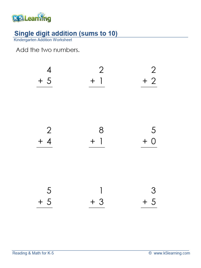 Kindergarten Addition of Two 1 Digit Numbers 1 | PDF