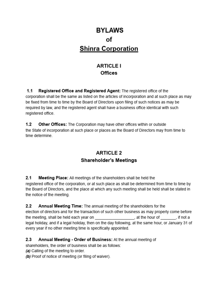 Shinra Corp. Bylaws | PDF