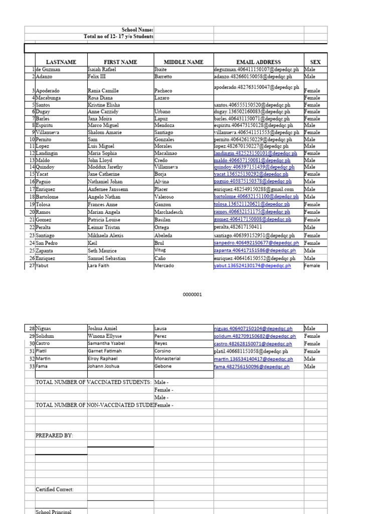 School Name - Student Vaccination Masterlist 2 2 | PDF