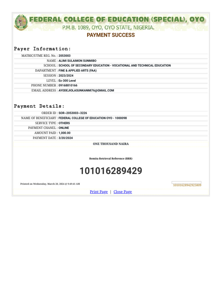 Remita Retrieval Reference (RRR) Payment Receipt_ 101016289429 | PDF