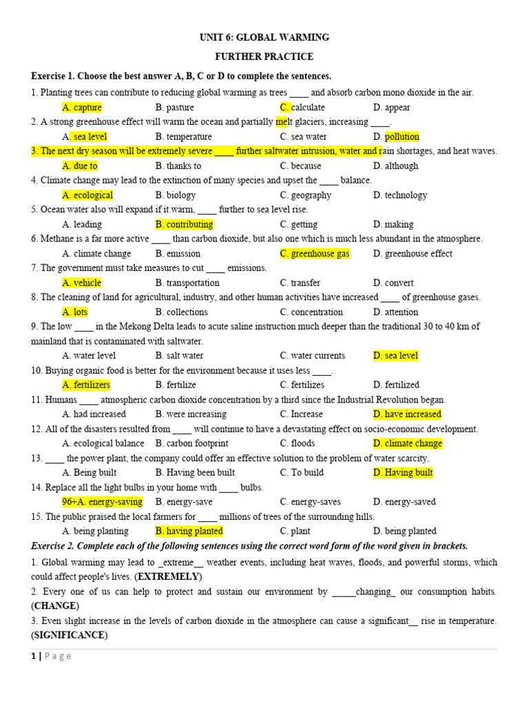 UNIT 6 - Further Practice | PDF | Climate Change | Greenhouse Gas