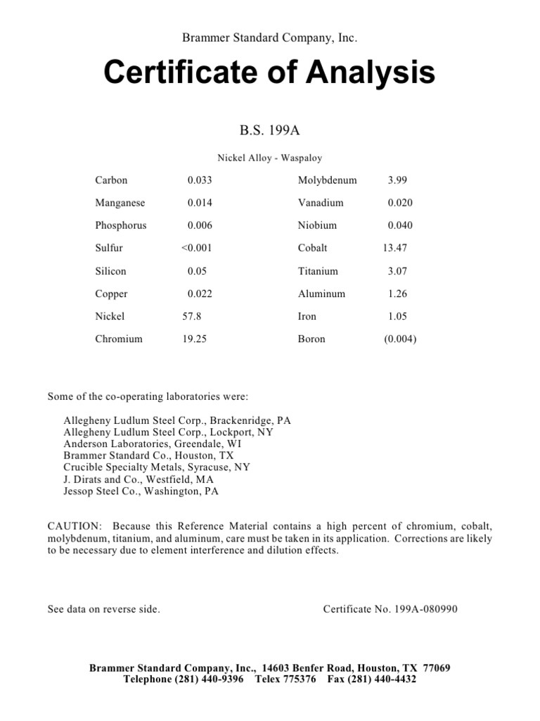 Certificate of Analysis: Brammer Standard Company, Inc | PDF | Chemical ...