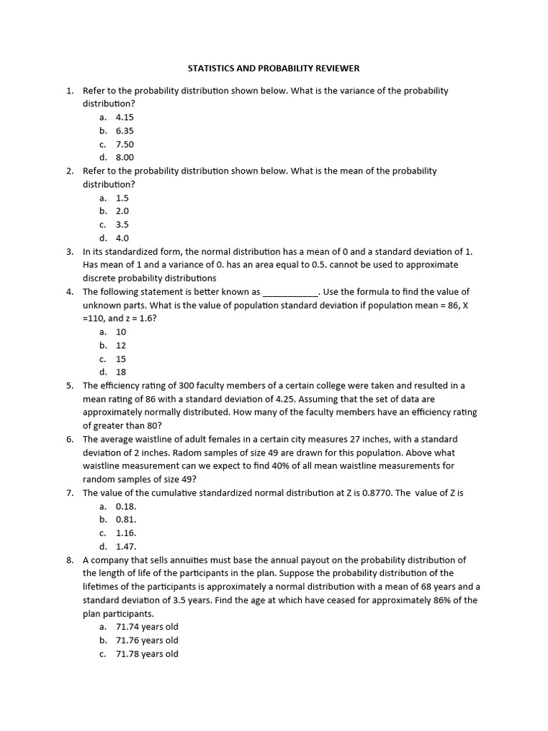 Statistics and Probability Reviewer | PDF | Standard Deviation | Normal Distribution
