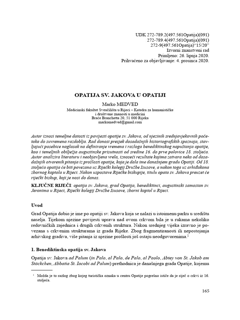 Marko Medved - Opatija SV Jakova U Opatiji, 2020. G. | PDF