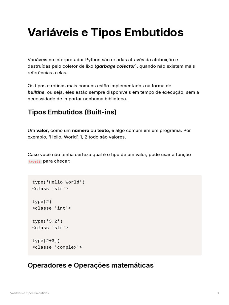Variáveis e Tipos Embutidos | PDF | Python (linguagem de programação ...