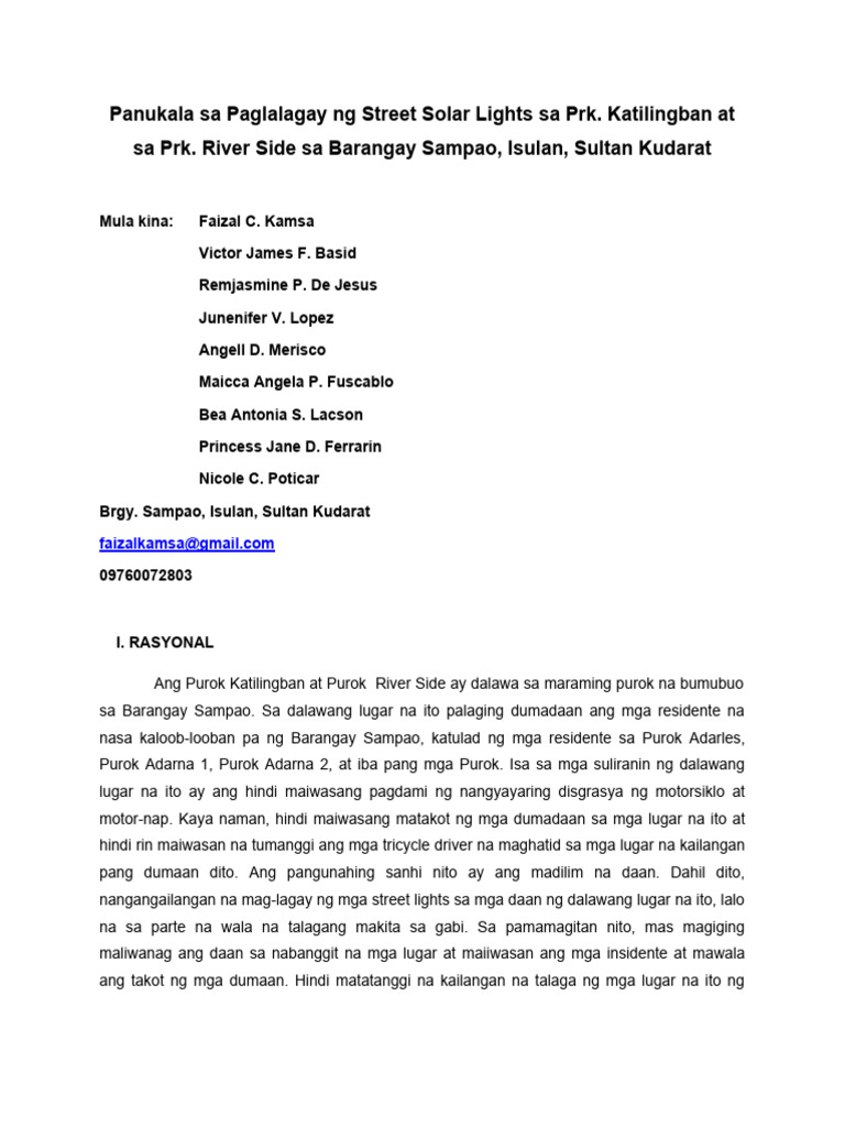 Panukala Sa Piling Larang Purok Sampao 2 | PDF
