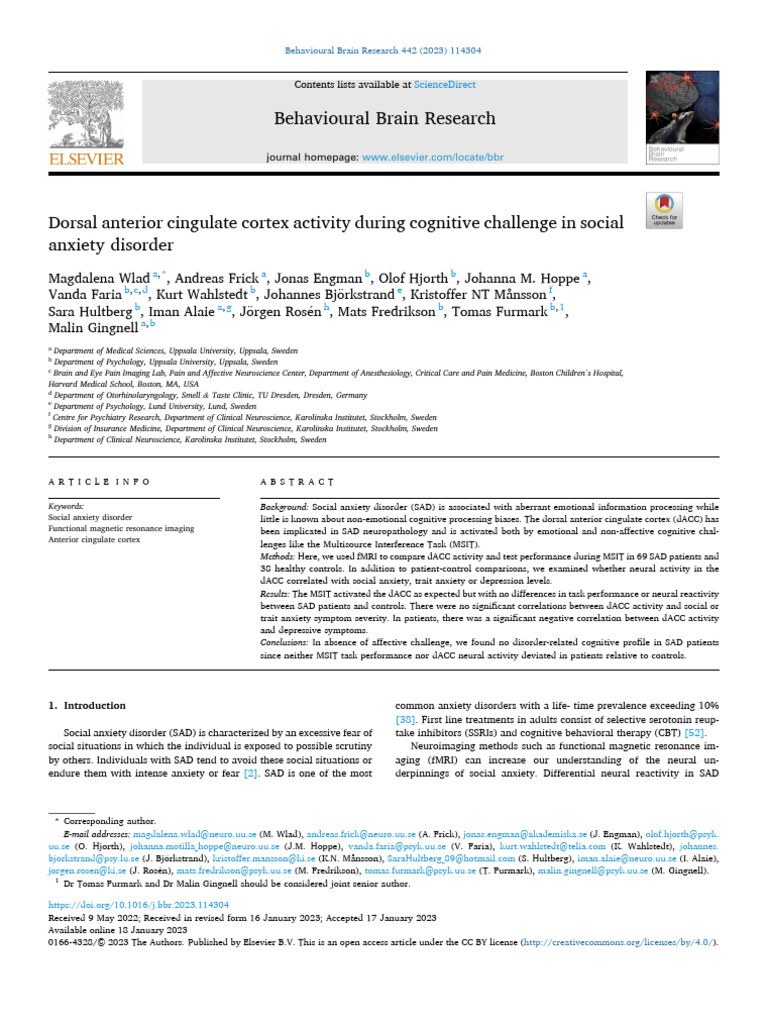 Dorsal Anterior Cingulate Cortex Activity During Cognitive Challenge in ...