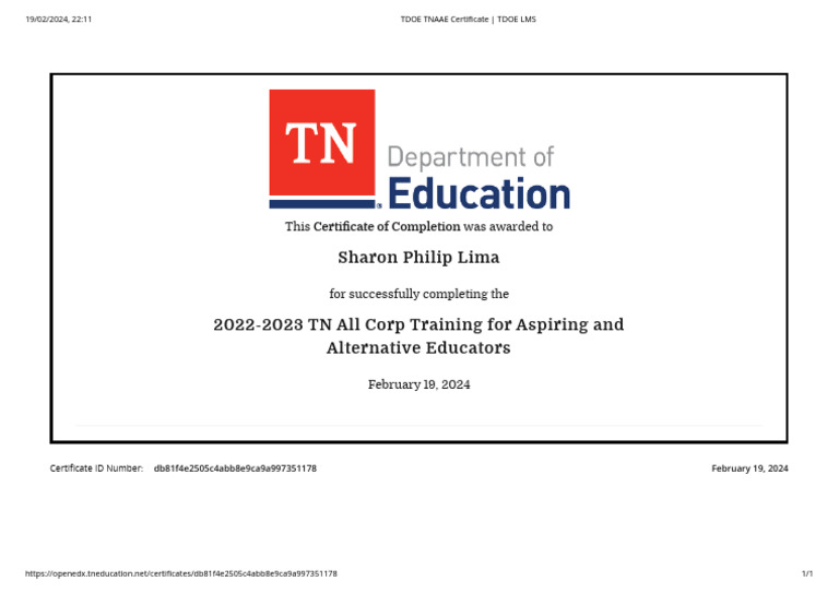 For - Ramya - TDOE TNAAE Certificate - TDOE LMS | PDF