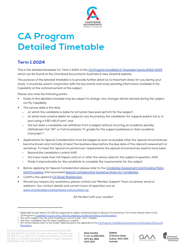 CA Program Detailed Timetable Term 1 2024 | PDF