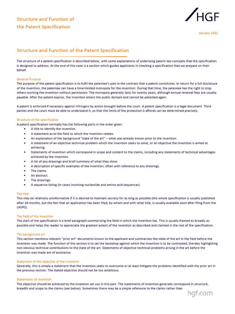 Structure and Function of The Patent Specification | PDF | Prior Art | Patent