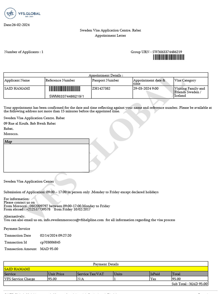 Sweden Visa Appointment Confirmation | PDF | Travel Visa