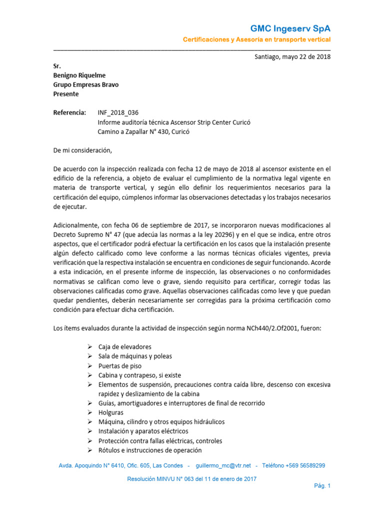 Informe Técnico Ascensor Curicó | PDF | Ascensor