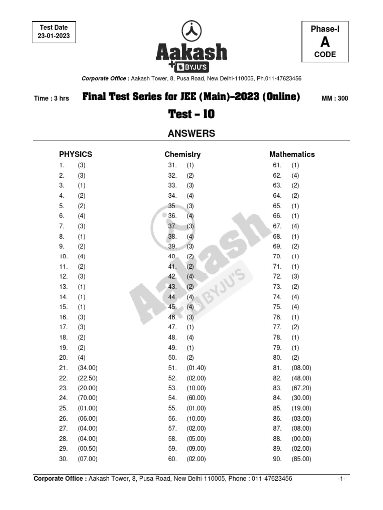 FTS - Test-10 - (Code-A) - JEE (Main) - 2023 (23-01-2023) - Solutions ...