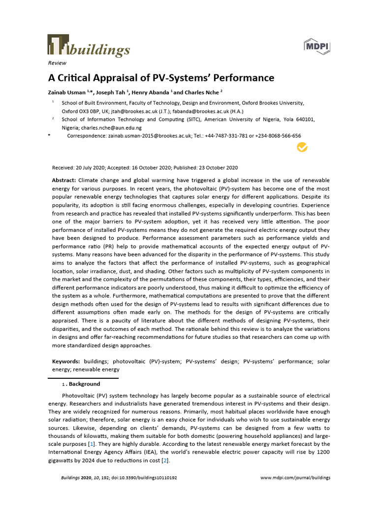 8 A Critical Appraisal of PV Systems' Performance | PDF | Photovoltaic System | Photovoltaics