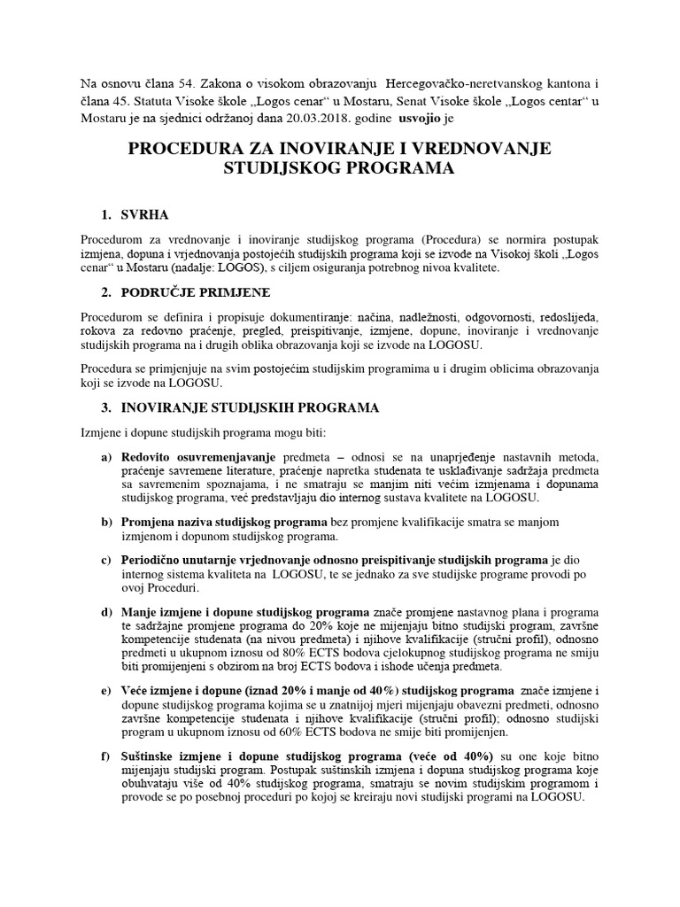 Procedura Inoviranjeivrednovanjestudijskihprograma | PDF