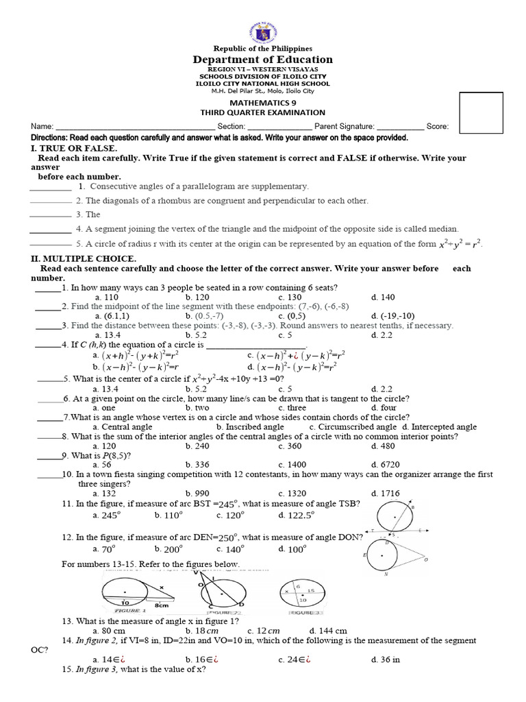 3rd Quarter Math 9 QUARTER EXAM | PDF | Circle | Angle