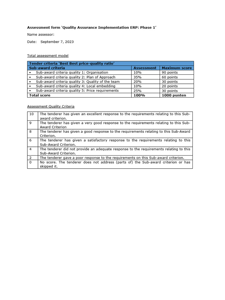 Tender Assessment Form. Score Sheet. Quality Assessment | PDF | Business