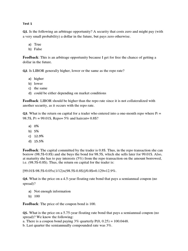 Test 1 Answers | PDF | Bonds (Finance) | Repurchase Agreement