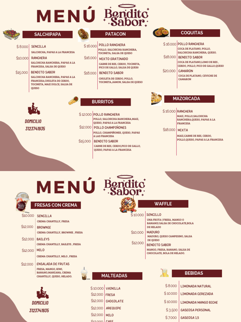 Menú del Restaurante Bendito Sabor | PDF | Comida y bebida | Cocina de ...