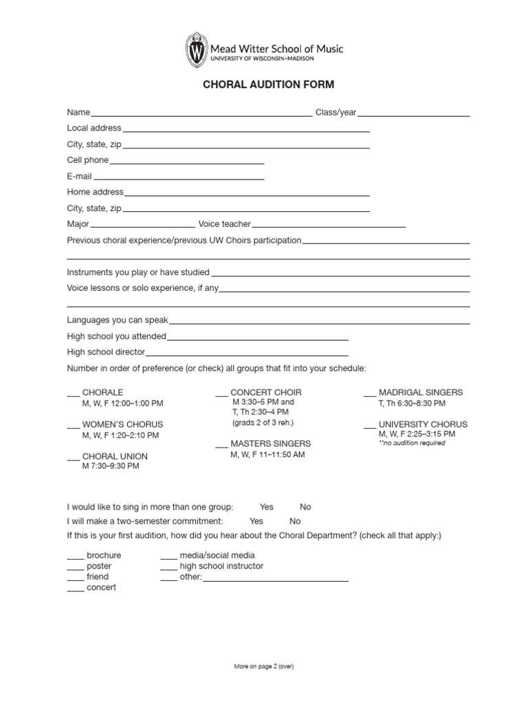 Choral Audition Form Template | PDF | Choir | Audition
