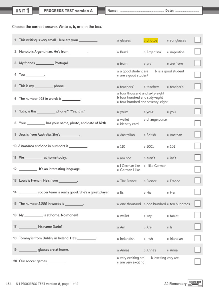 Progress Test Version A: Choose The Correct Answer. Write A, B, or C in ...
