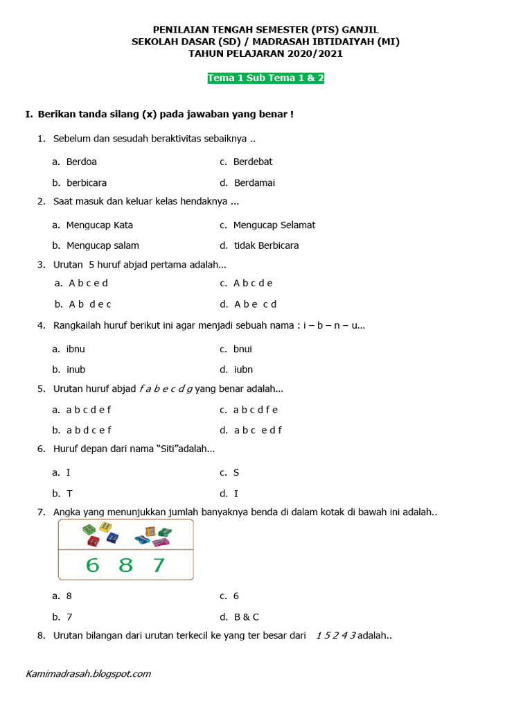1. SOAL PTS KELAS 2 TEMA 1 Bagian 1 - Reupload Kamimadrasah | PDF