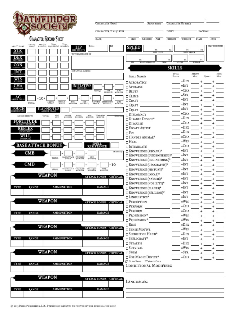Character Sheet Pathfinder | Download Free PDF | Role Playing Games