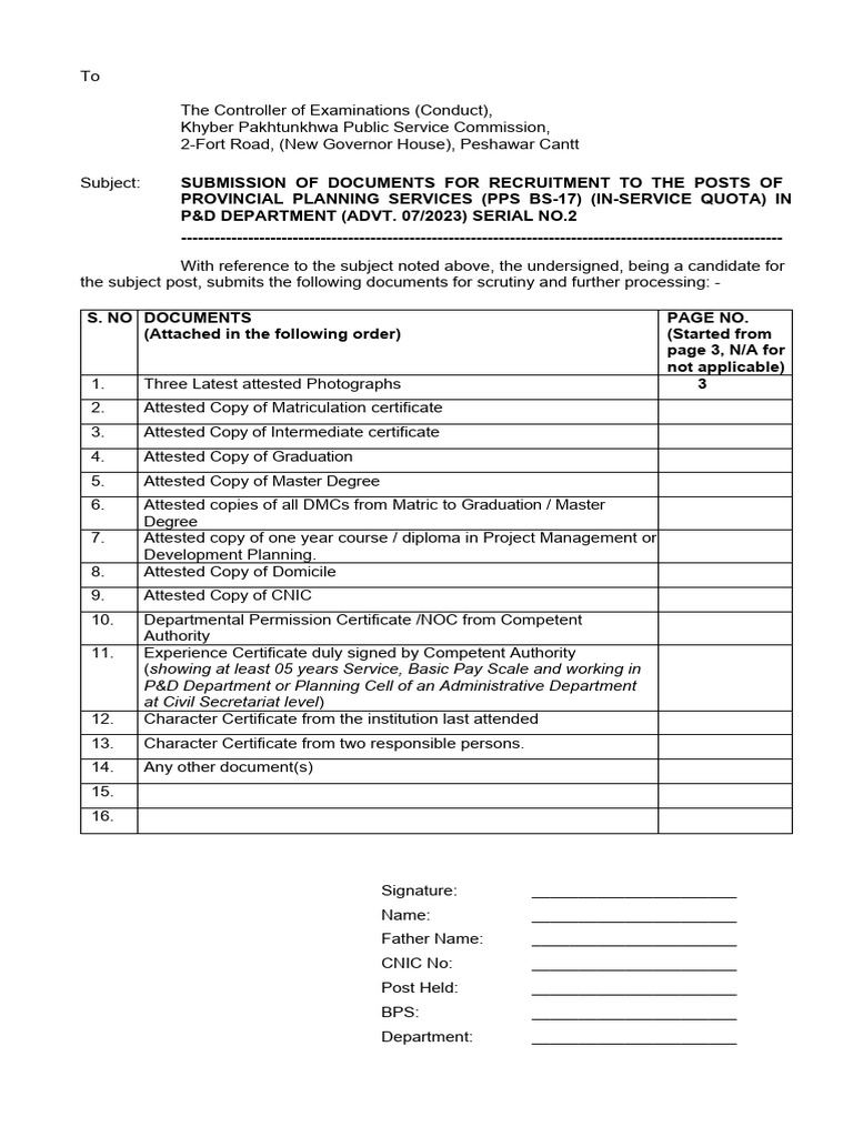 PPS in Service Submission Documents Proforma Advt No 07 2023 2024 | PDF ...