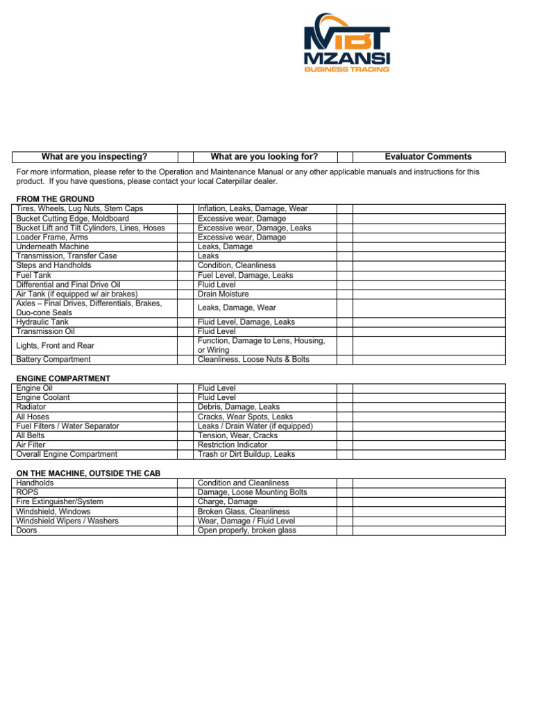 Checklist - Wheel Loaders V0611 2 | PDF | Truck | Leak