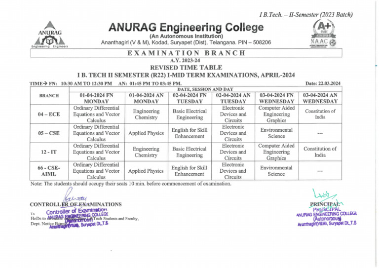 I B.Tech II SEM I MID Exam REVISED Time Table April-2024 | PDF