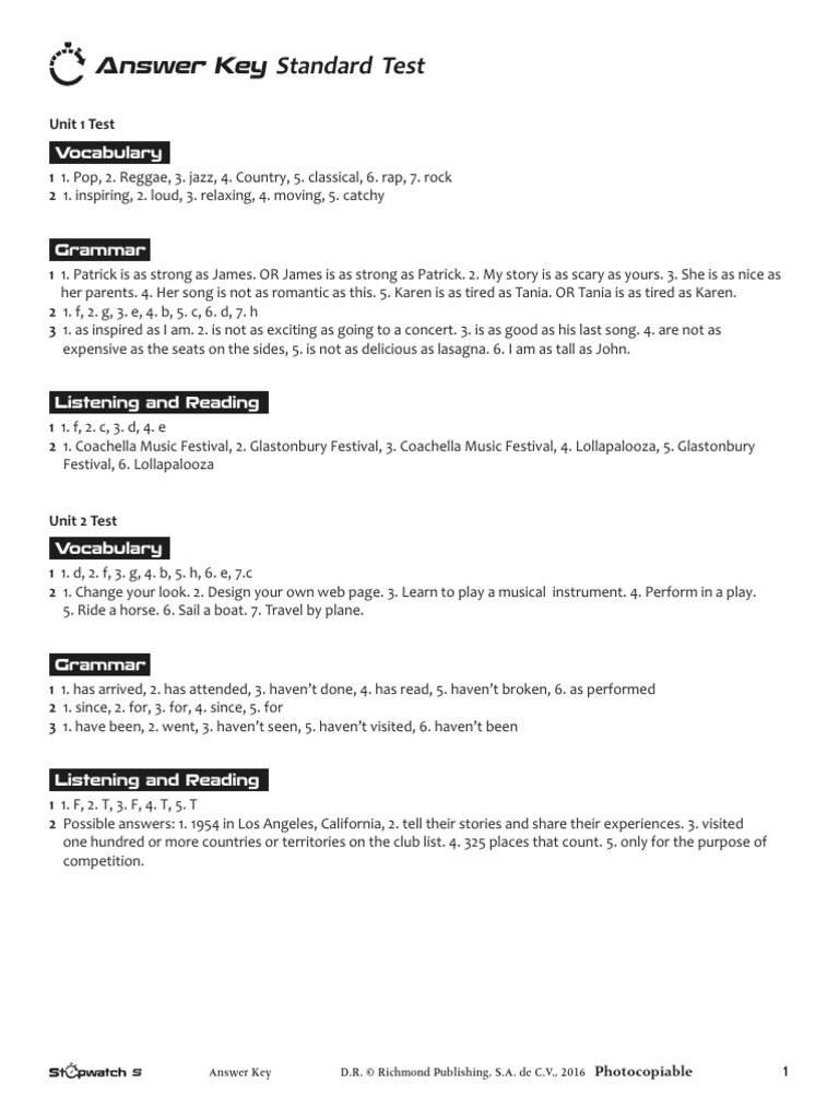Stopwatch 5 Answer Key Standard Test | PDF