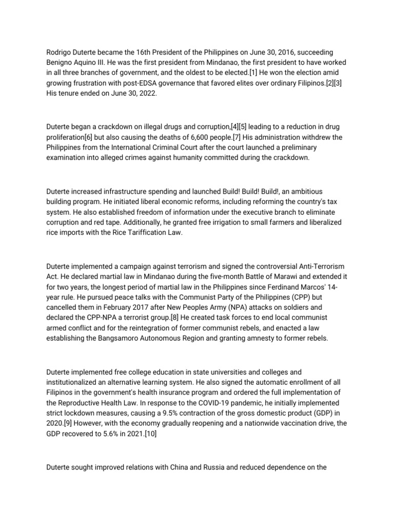 Duterte's Presidency: Key Policies & Impact | PDF
