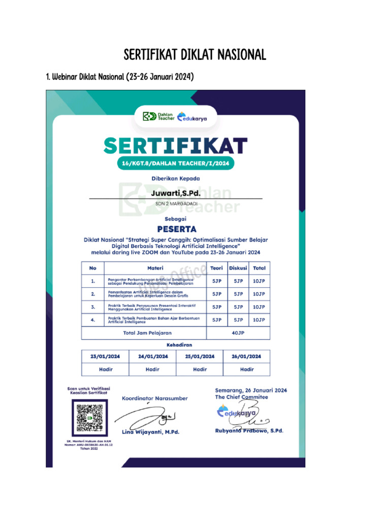 Sertifikat Diklat Nasional - Juwarti | PDF