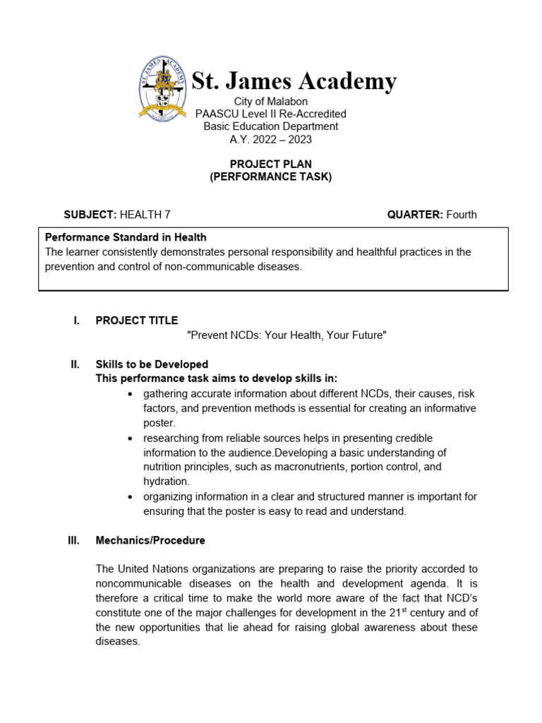 q4 Project Plan Health 7 | PDF | Non Communicable Disease | Human ...