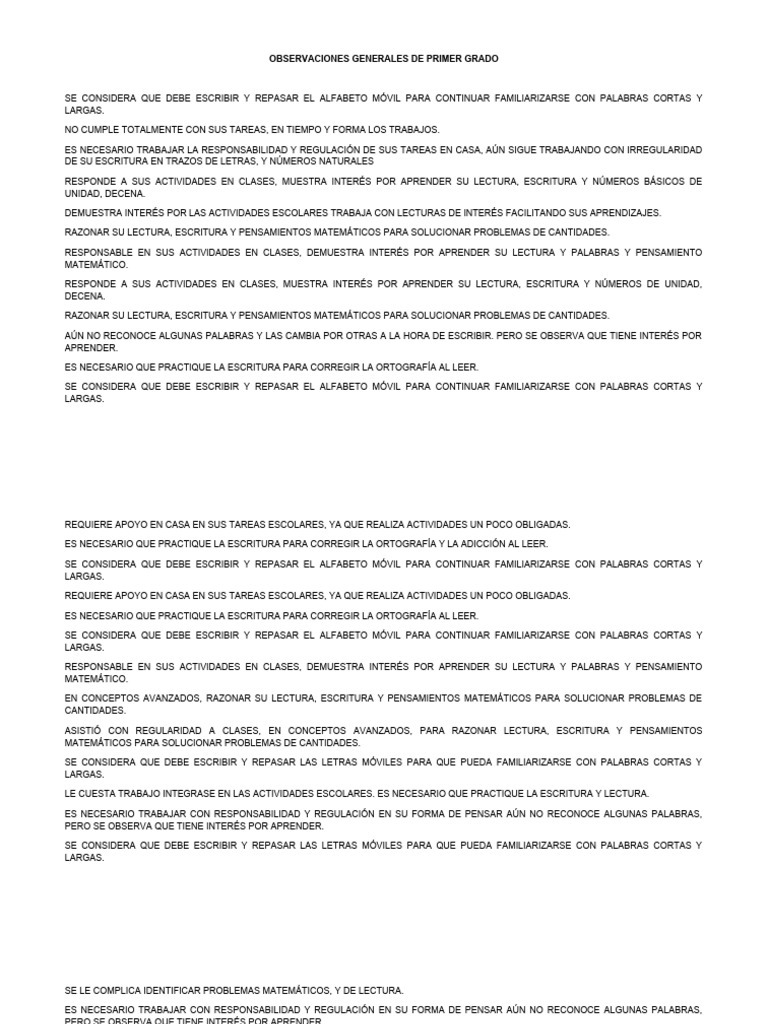 OBSERVACIONES GENERALES 1º A 6° GRADO (SAECH) | PDF | Comprensión ...