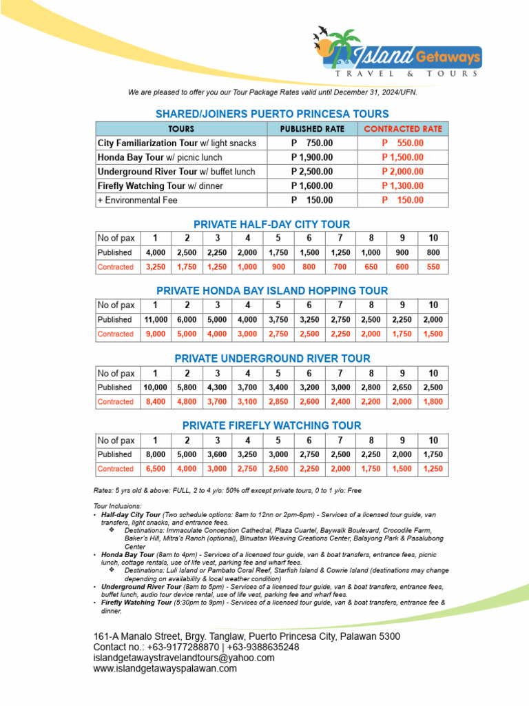 2024 Island Getaways Contracted Tour Rates | PDF