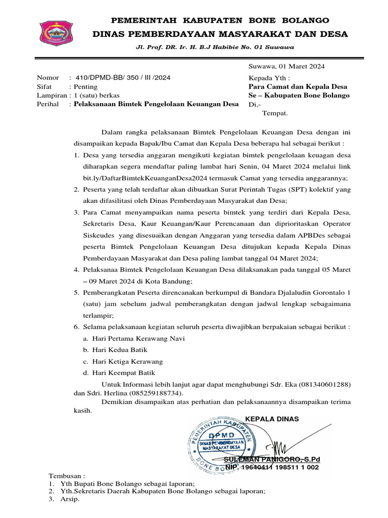 Pemberitahuan Pelaksanaan Bimtek Pengelolaan Keuangan Desa 2024 | PDF Pemberitahuan Pelaksanaan Bimtek Pengelolaan Keuangan Desa 2024 | PDF