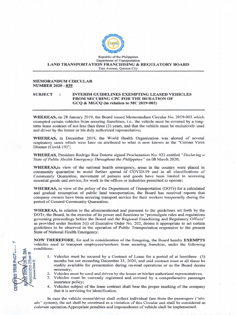 LTFRB Memorandum Circular No 2020 039 | PDF