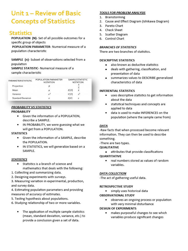 Unit 1 Statistics | PDF | Statistics | Sampling (Statistics)