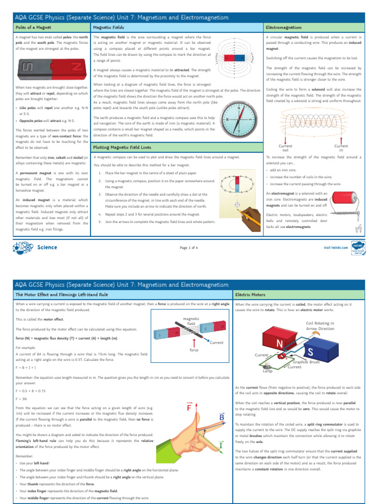 AQA Physics Topic 7 Magnetism and Electromagnetism Knowledge Organiser ...