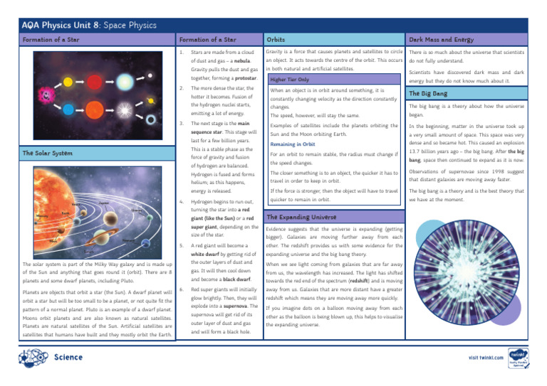 AQA Physics Topic 8 Space Physics Knowledge Organiser | PDF | Stars | Sun
