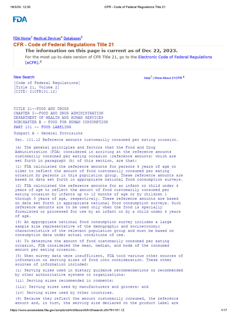 CFR21 Tamaño de Porción Fda | PDF | Desserts | Soup
