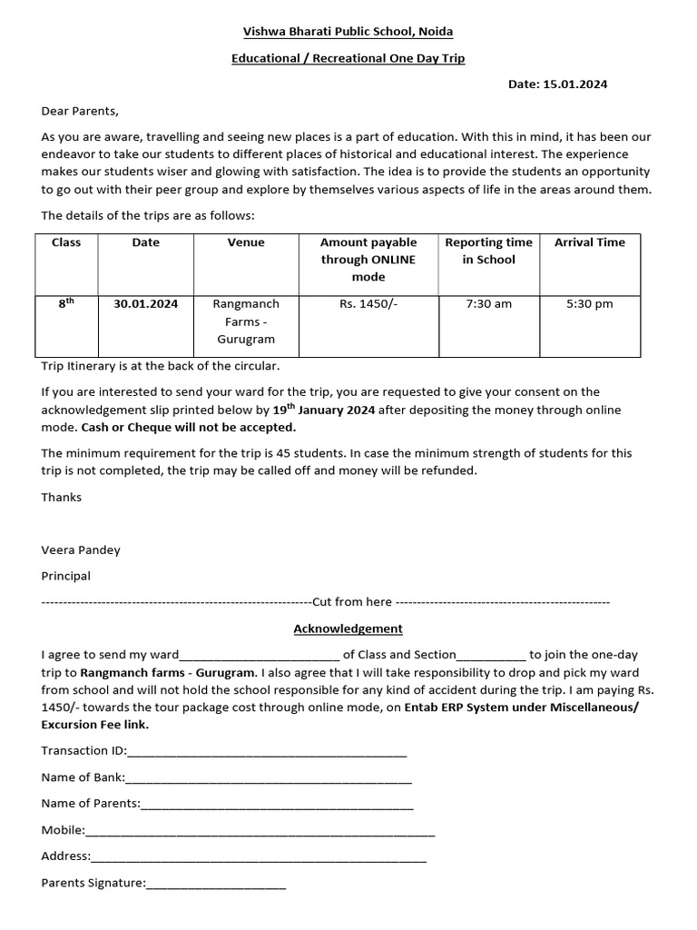 Class 8 Trip Circular | PDF