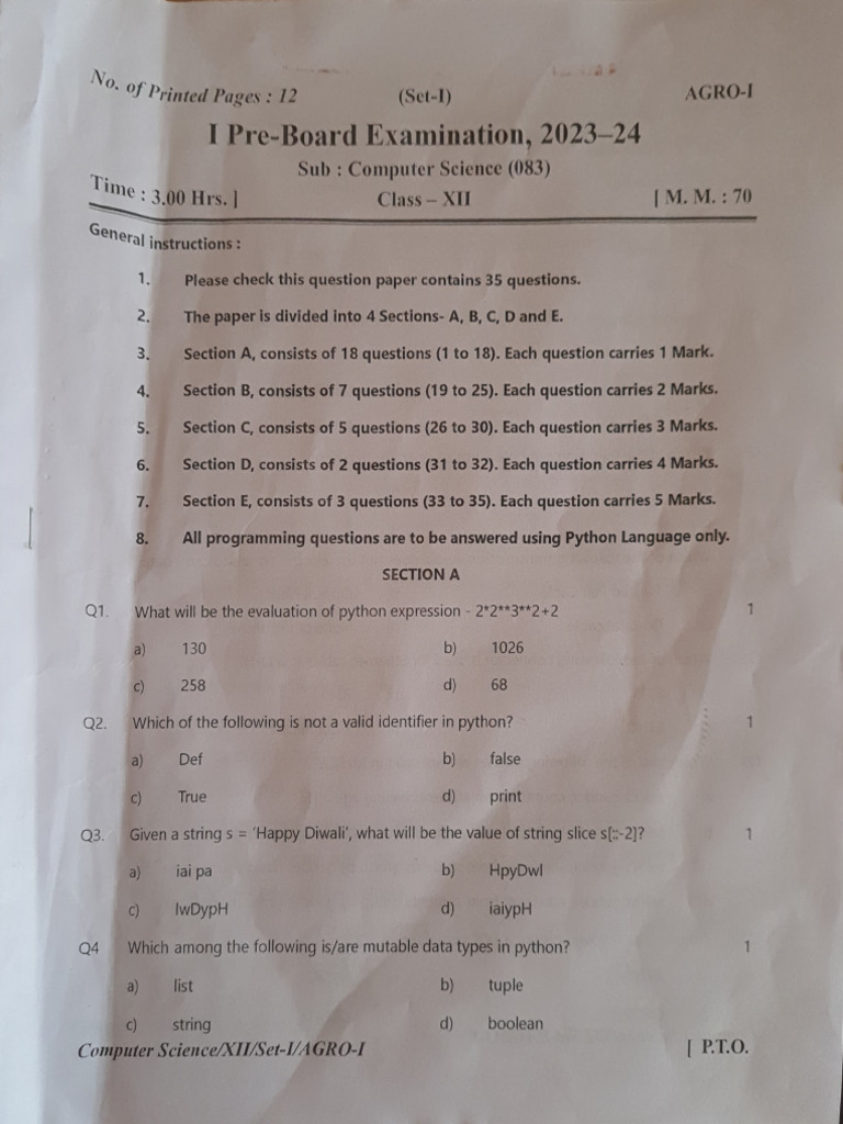 Class 12 TH Computer Science PRE BOARD 1 | Download Free PDF ...