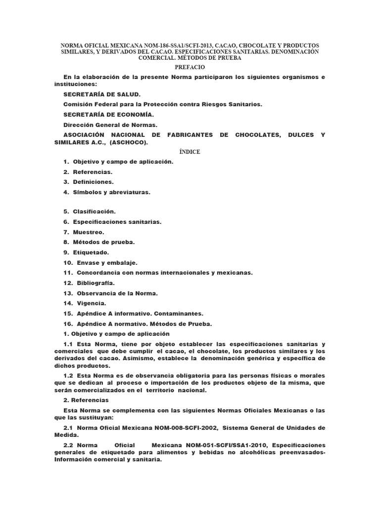 Norma NOM-186 sobre Chocolate y Cacao | PDF | Chocolate | Alimentos