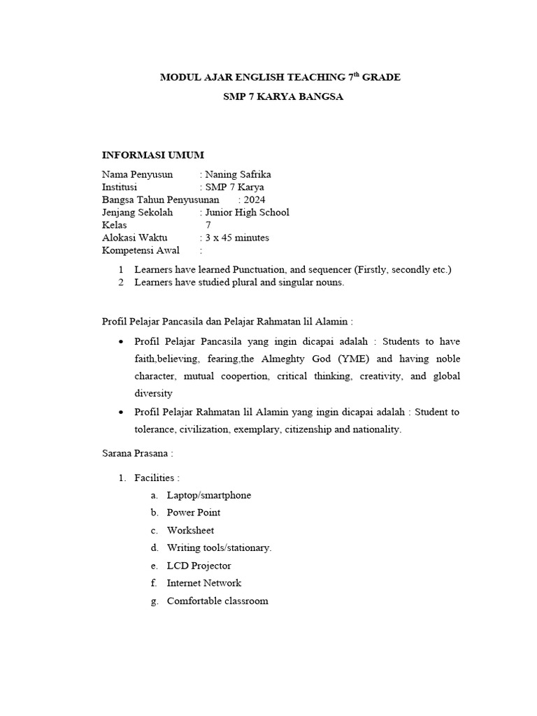 Modul Ajar Microteaching 7th Grade | PDF | Teachers | Learning
