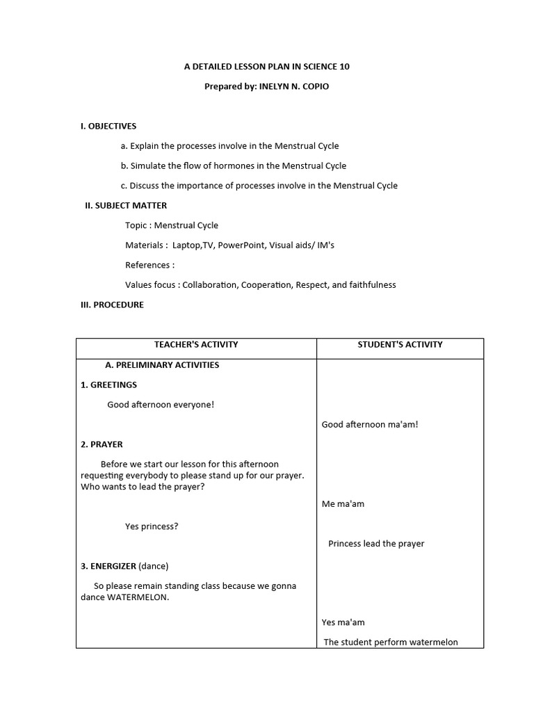 MENSTRUAL CYCLE Lesson Plan (Copioinelyn) - Demonstration | PDF ...