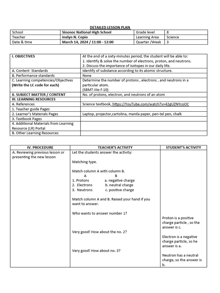 Lesson Plan: Atoms and Isotopes for Grade 8 | PDF | Chemical Elements ...
